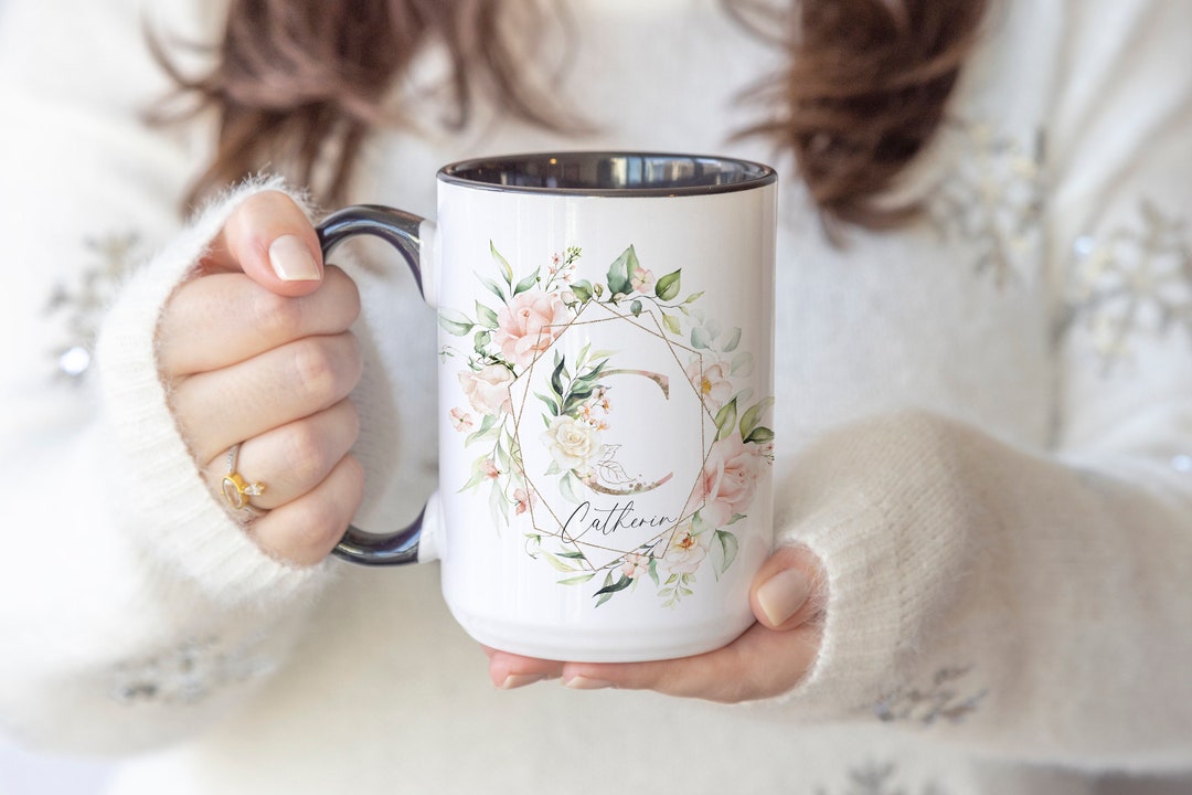 Custom Monogram Initial Name Mug, Personalized Floral Ceramic Coffee ...