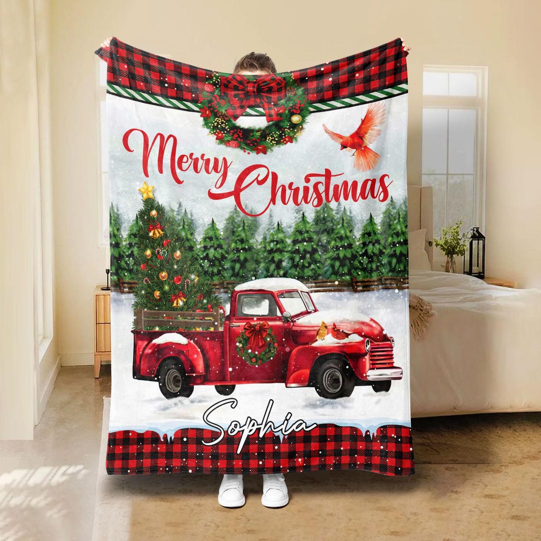 Personalized Red Truck Blanket, Red Buffalo Plaid Xmas Blanket, Custom ...