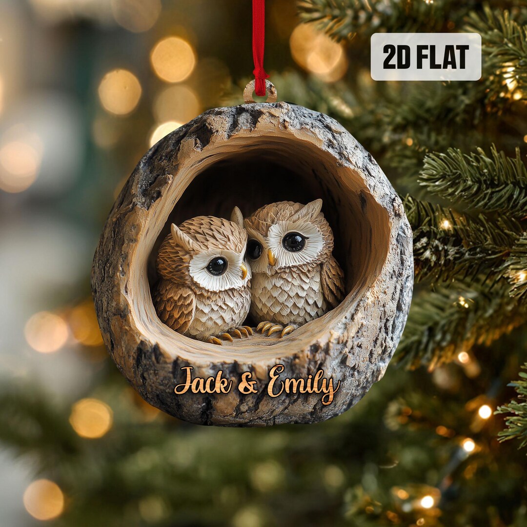 Personalized Owl Couple 2D Flat Ornament, Custom Owl Christmas Tree ...