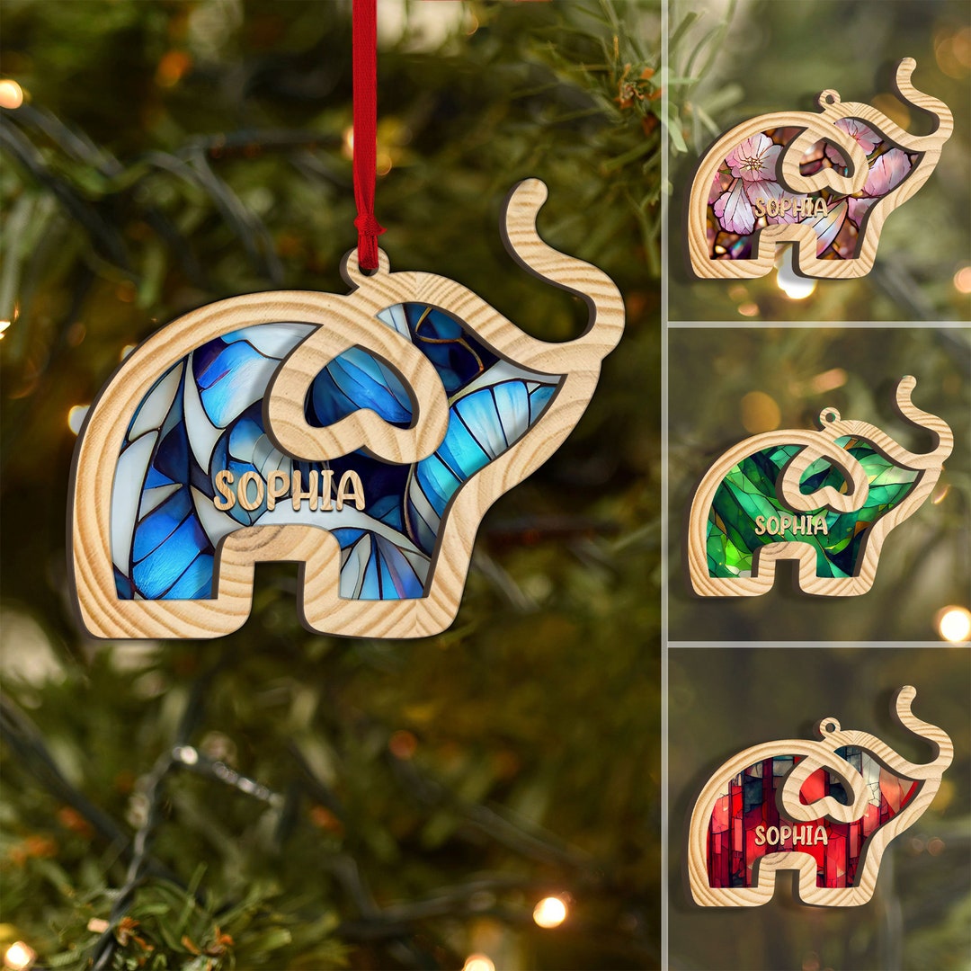 Personalized Elephant Layered Wood Ornament, Custom Elephant Christmas ...