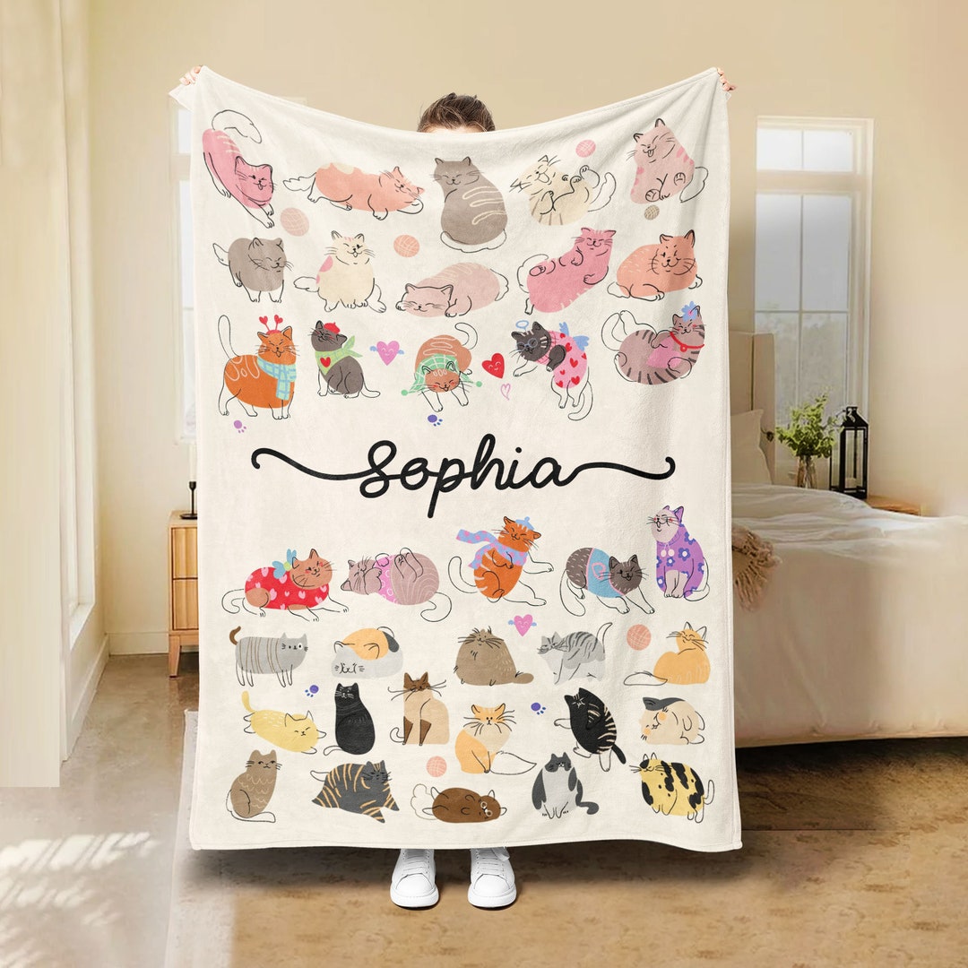Personalized Cat Blanket, Cute Cats Blanket, Custom Name Soft Cozy ...