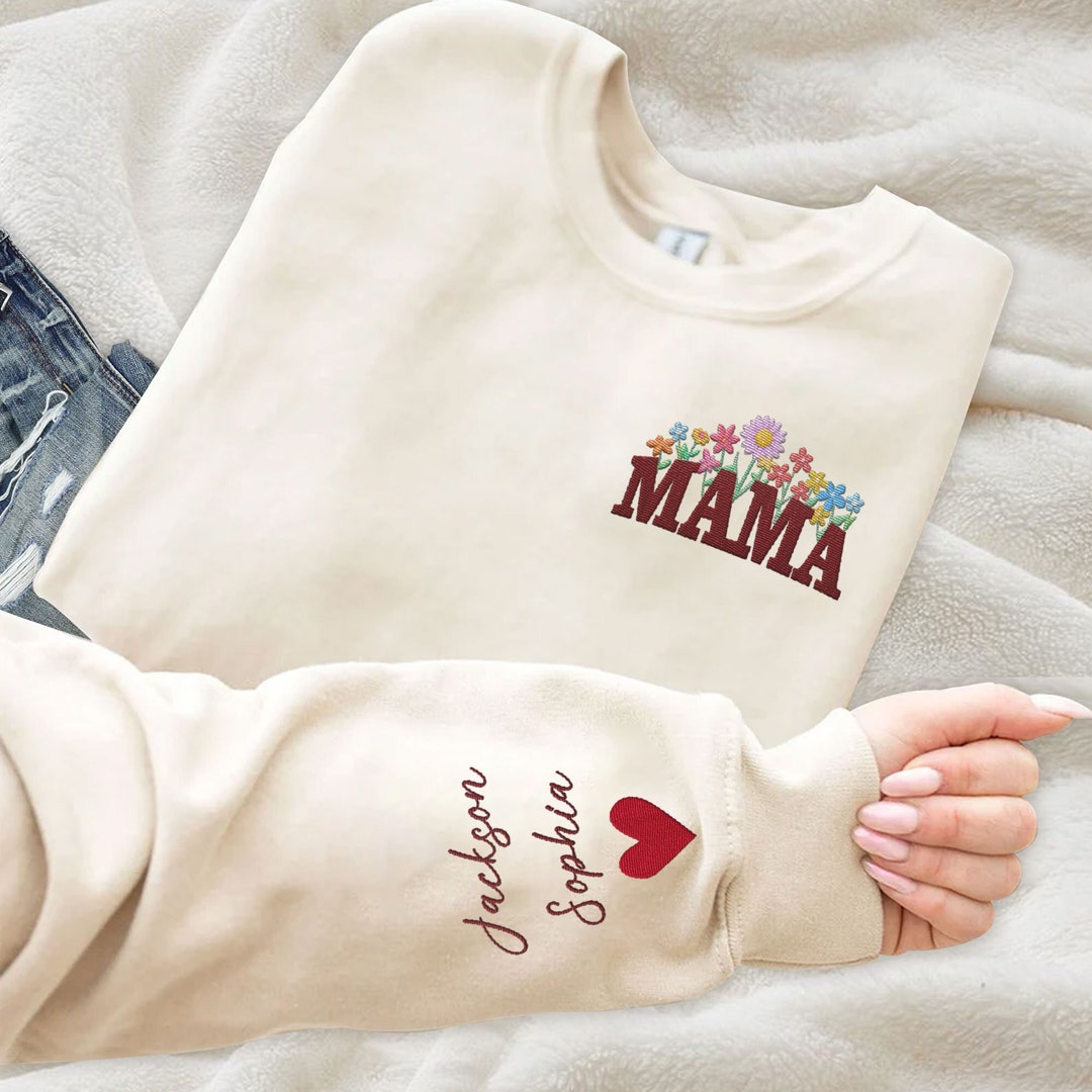 Personalized Mom Embroidered Sweatshirt, Custom Mama Floral Embroidered ...