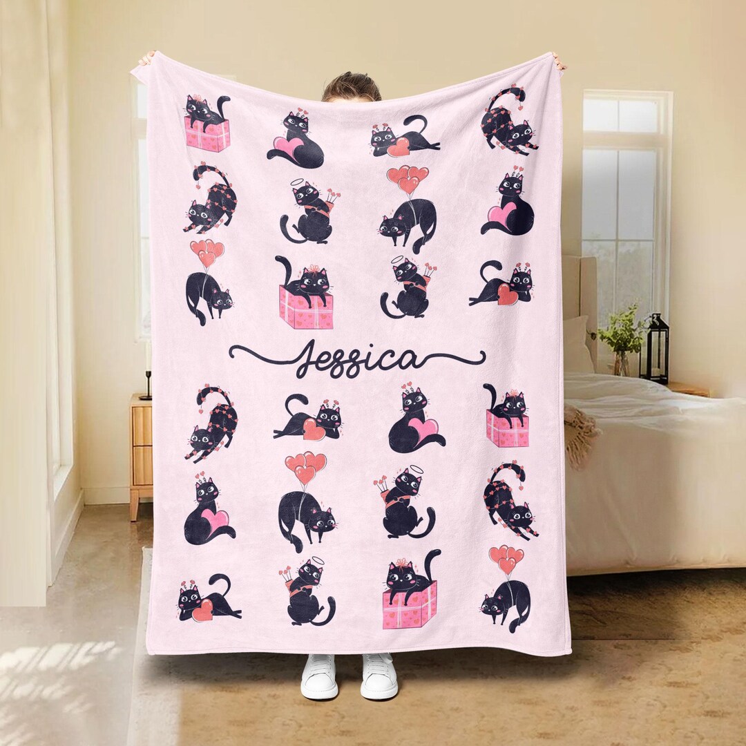 Personalized Cat Blanket, Black Cat Valentine Blanket, Custom Name Soft ...