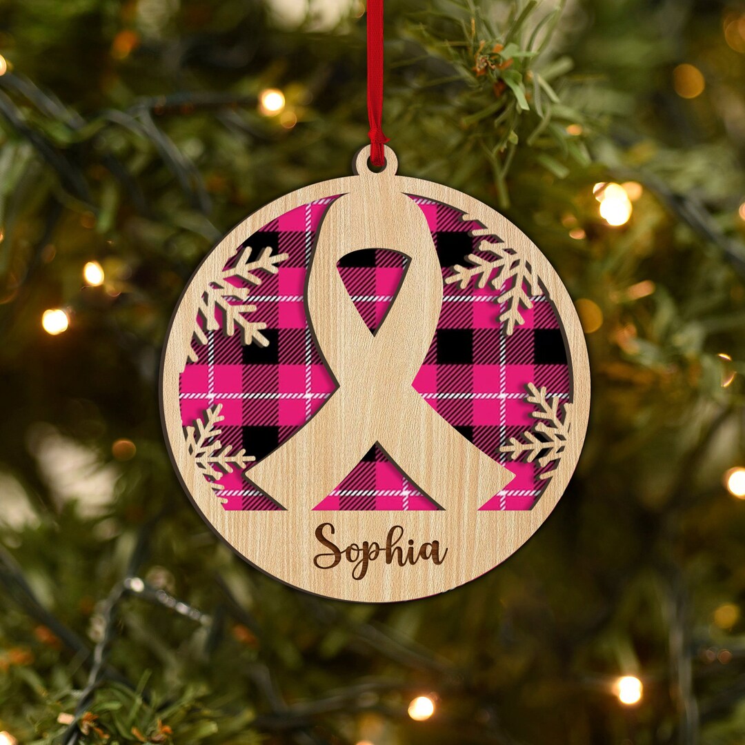 Personalized Breast Cancer Layered Wood Ornament, Custom Pink Ribbon ...