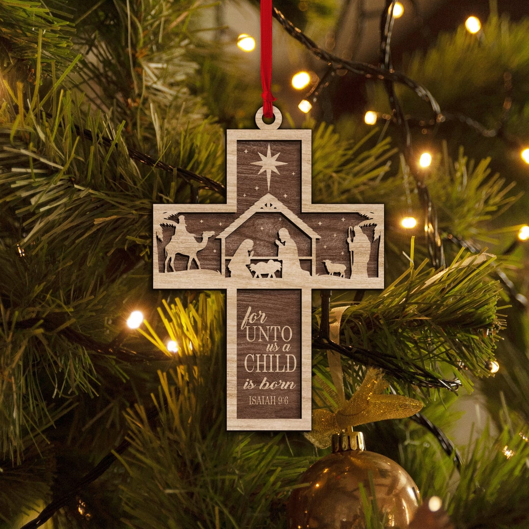 Cross Jesus Layered Wood Ornament, Unto Us A Child is Born Christmas ...