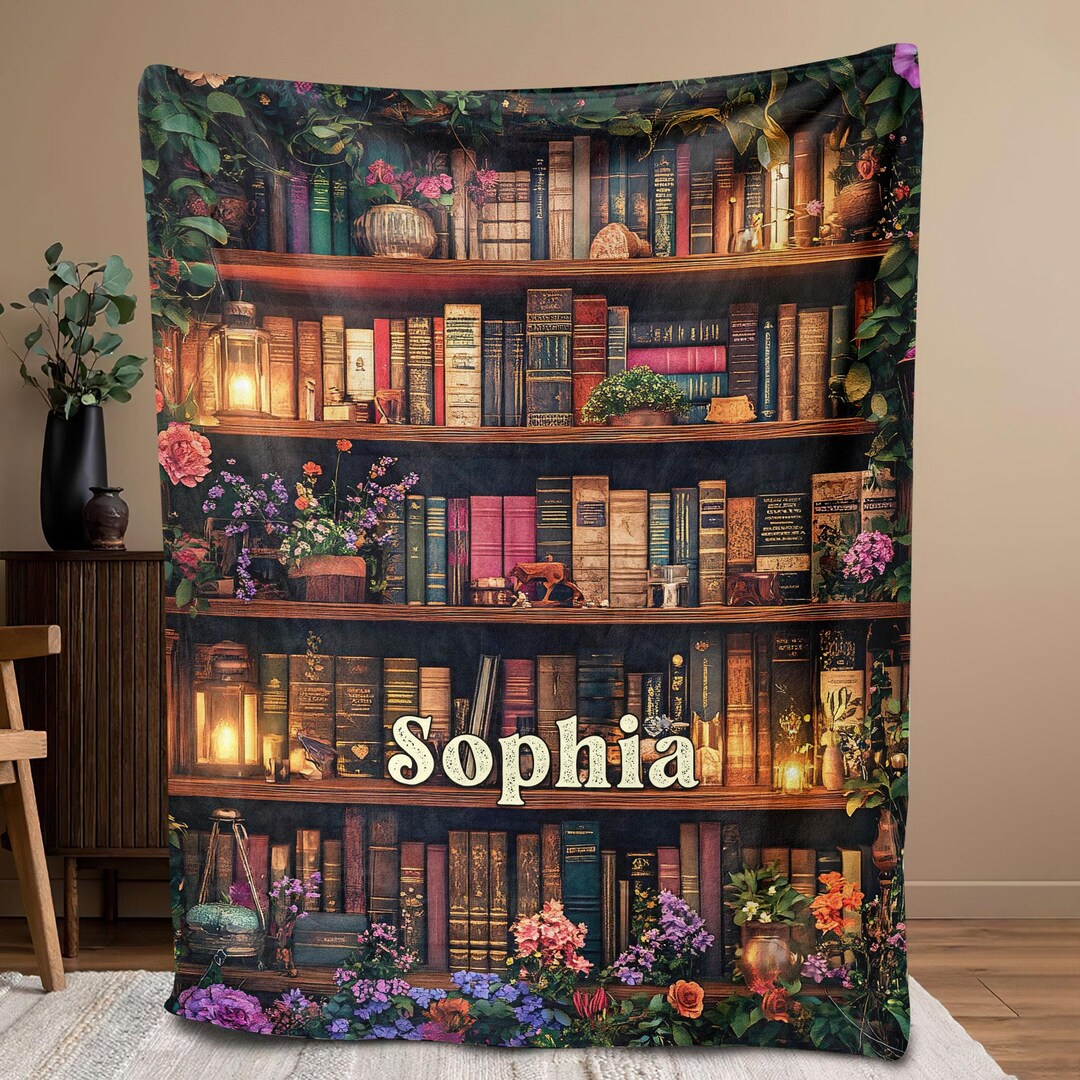 Personalized Vintage Bookshelf Blanket, Boho Wildflowers Library ...
