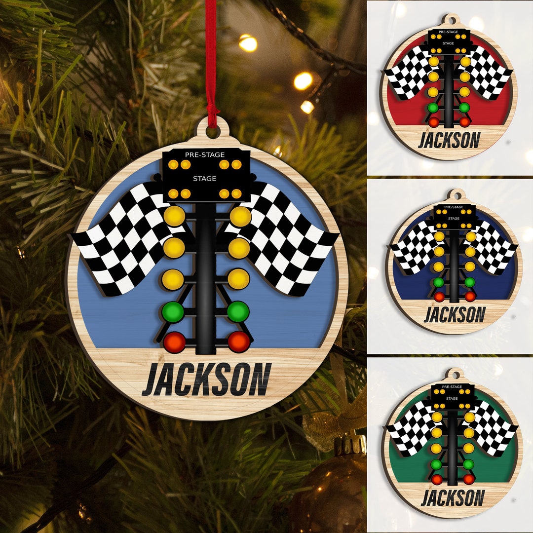Personalized Drag Racing Layered Wood Ornament, Custom Checkered Flag ...