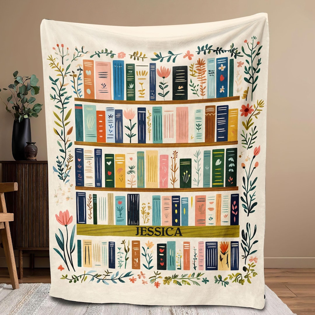 Personalized Vintage Library Blanket, Boho Wildflowers Bookish Quilt ...