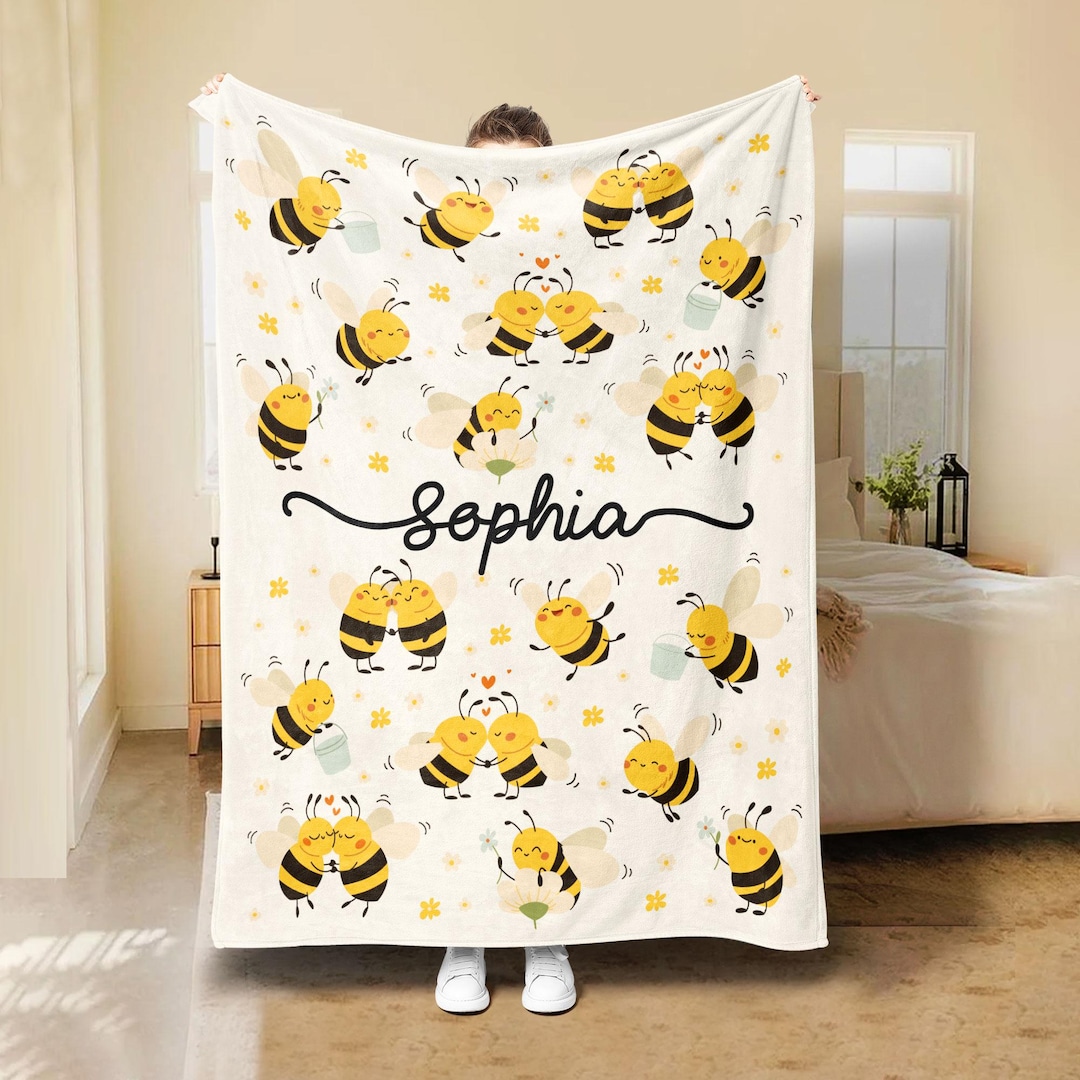 Personalized Bee Blanket, Cute Bees Blanket, Custom Name Soft Cozy Sherpa Fleece Throw Blankets ...