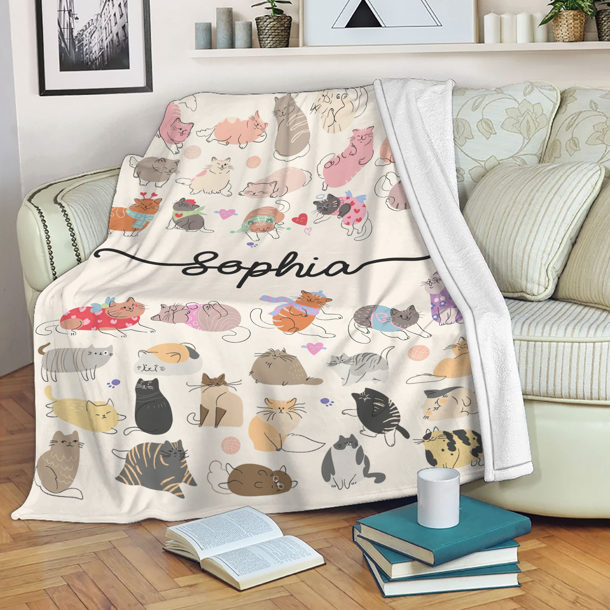 Personalized Cat Blanket, Cute Cats Blanket, Custom Name Soft Cozy ...