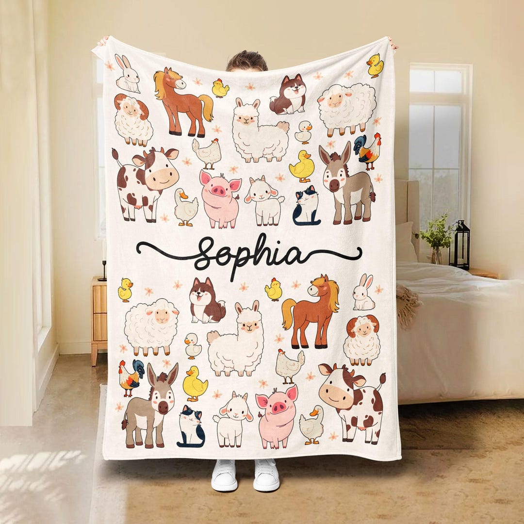 Personalized Cute Farm Blanket, Farm Animals Blanket, Custom Name Soft ...