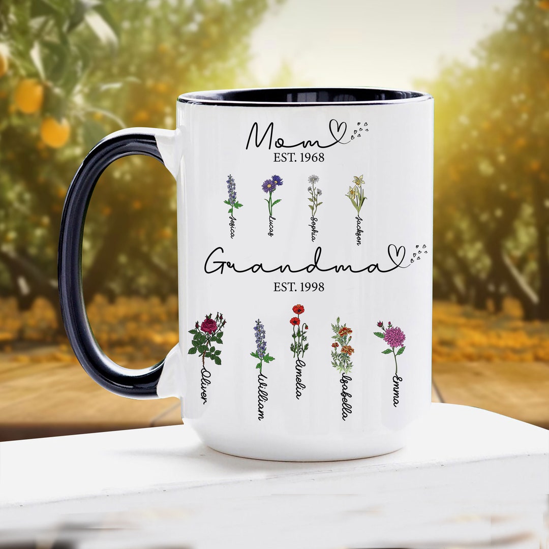 Personalized Grandma Mug, Custom Birth Month Flower Mugs, Grandma's ...
