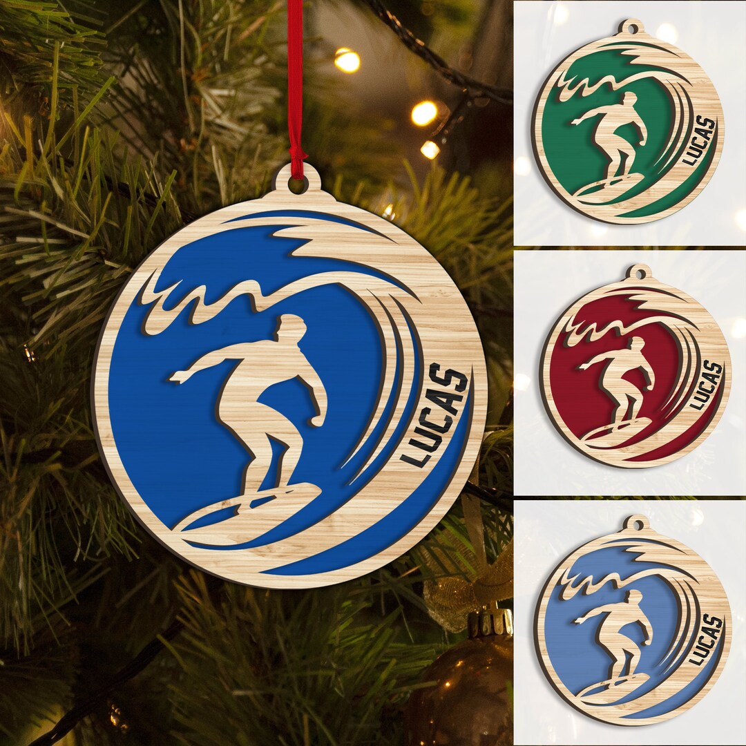 Personalized Surfing Layered Wood Ornament, Custom Surfer Christmas ...