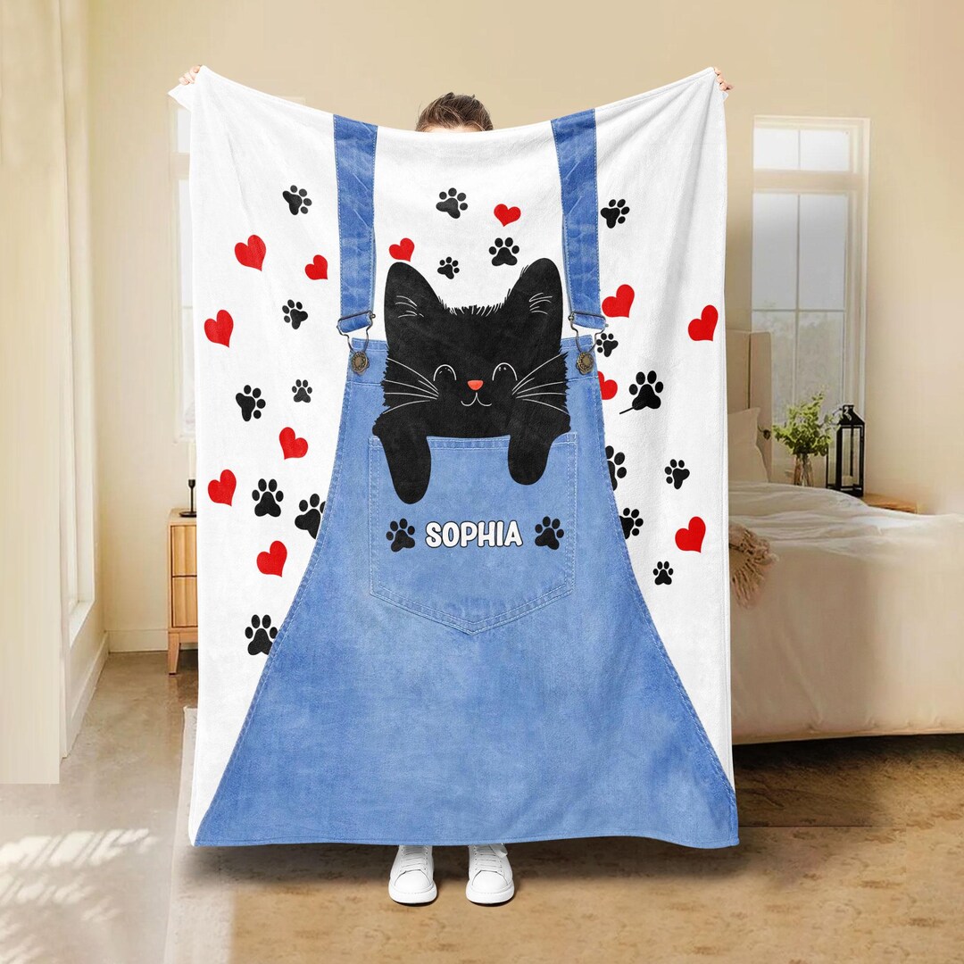 Personalized Cat Blanket, Cute Black Cat Blanket, Custom Name Soft Cozy ...