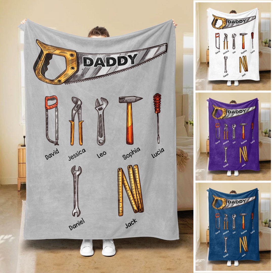 Personalized Dad Blanket, Dad Tools Blanket, Custom Kids Names Soft ...