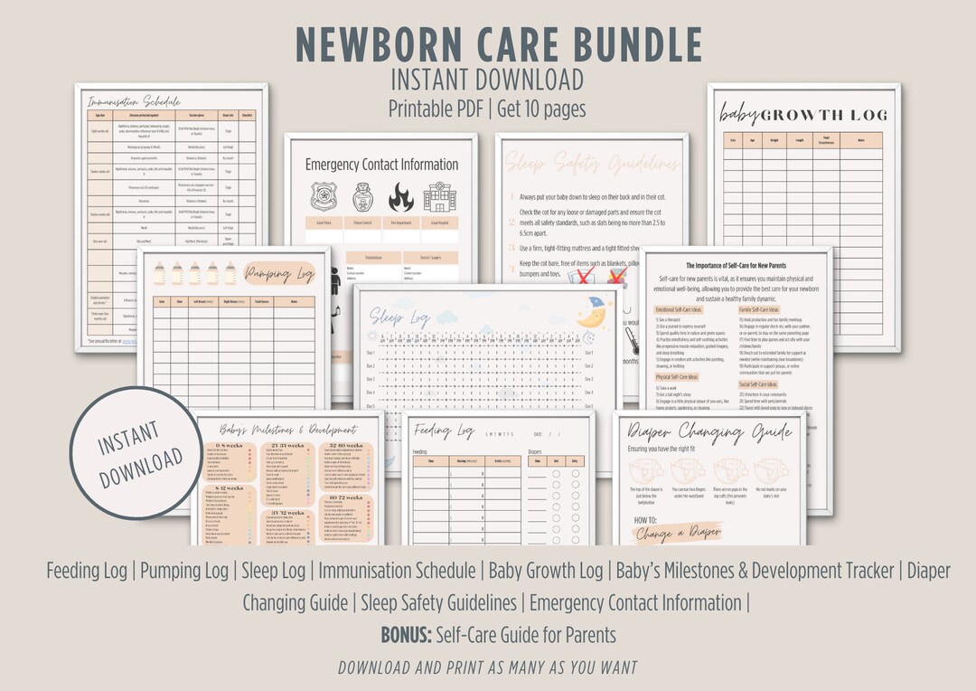 Printable Baby Care Bundle, Baby Tracker for Feeding, Diapers, Sleep ...