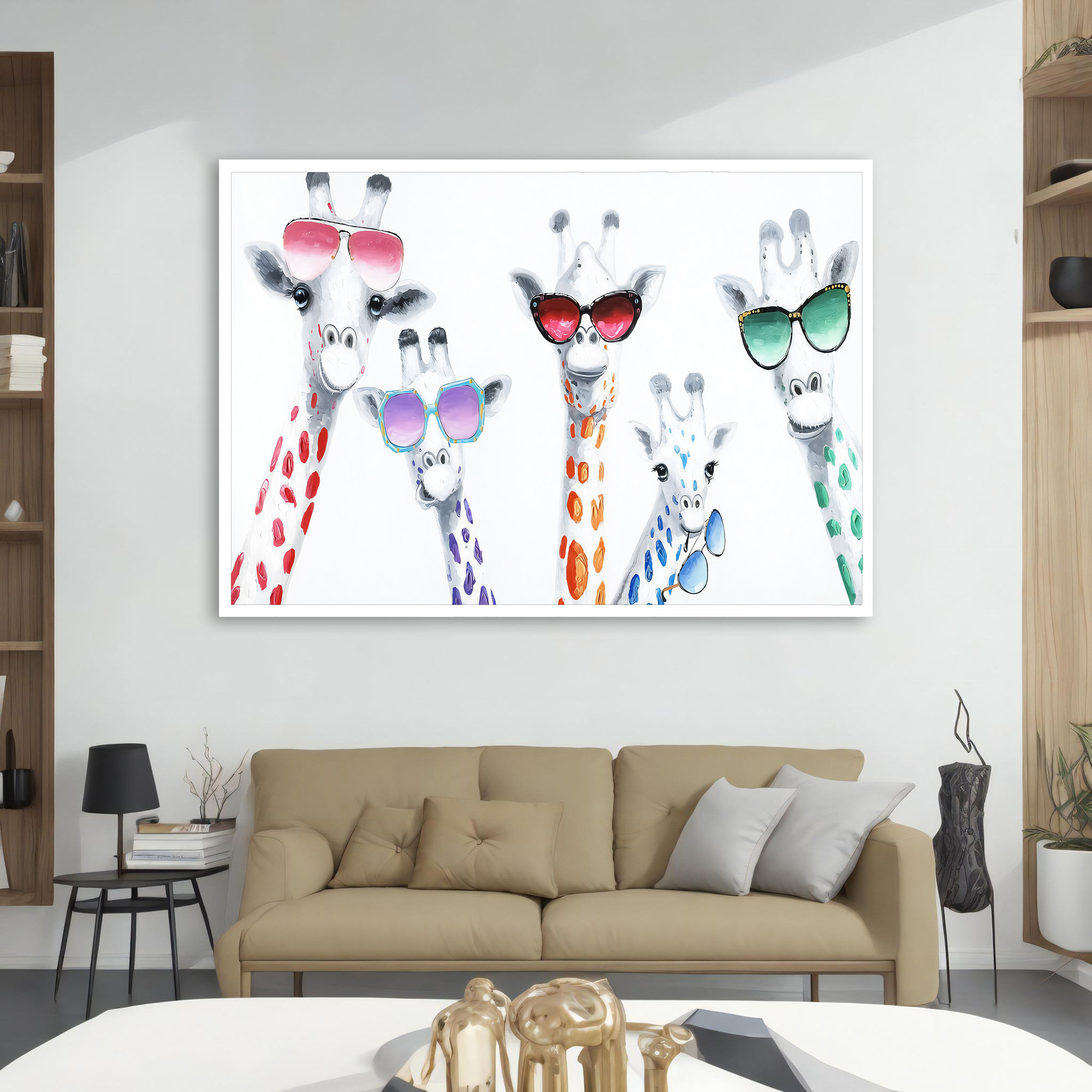 Colorful Giraffes With Glasses Canvas Painting, Giraffe Wall Decor ...
