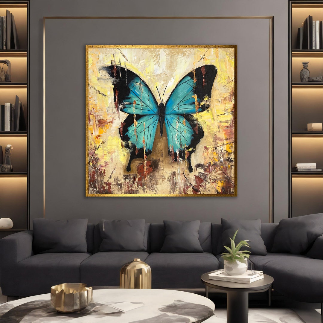 Butterfly Canvas Painting, Turquoise Butterfly Wall Art, Turquoise ...