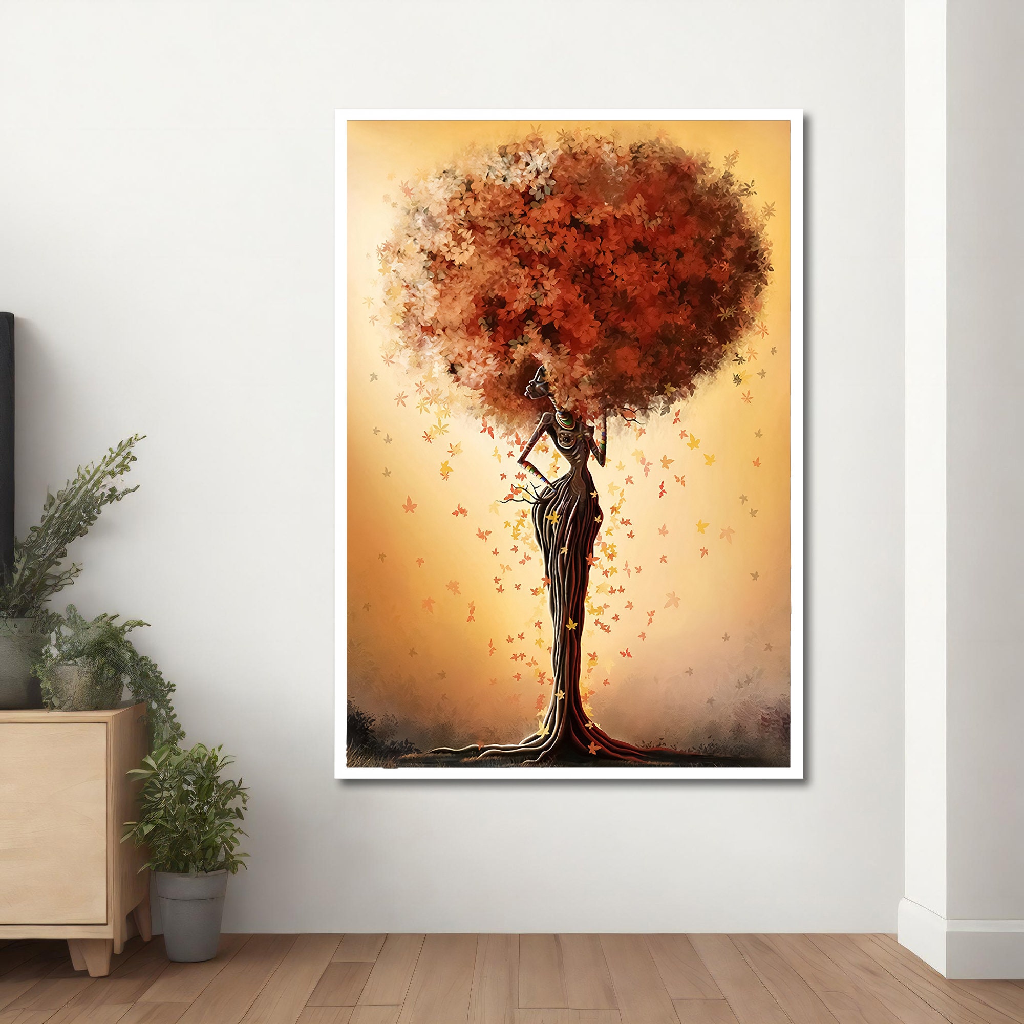 Woman and Orange Leaves Surreal Canvas Painting, Surreal Woman Canvas ...