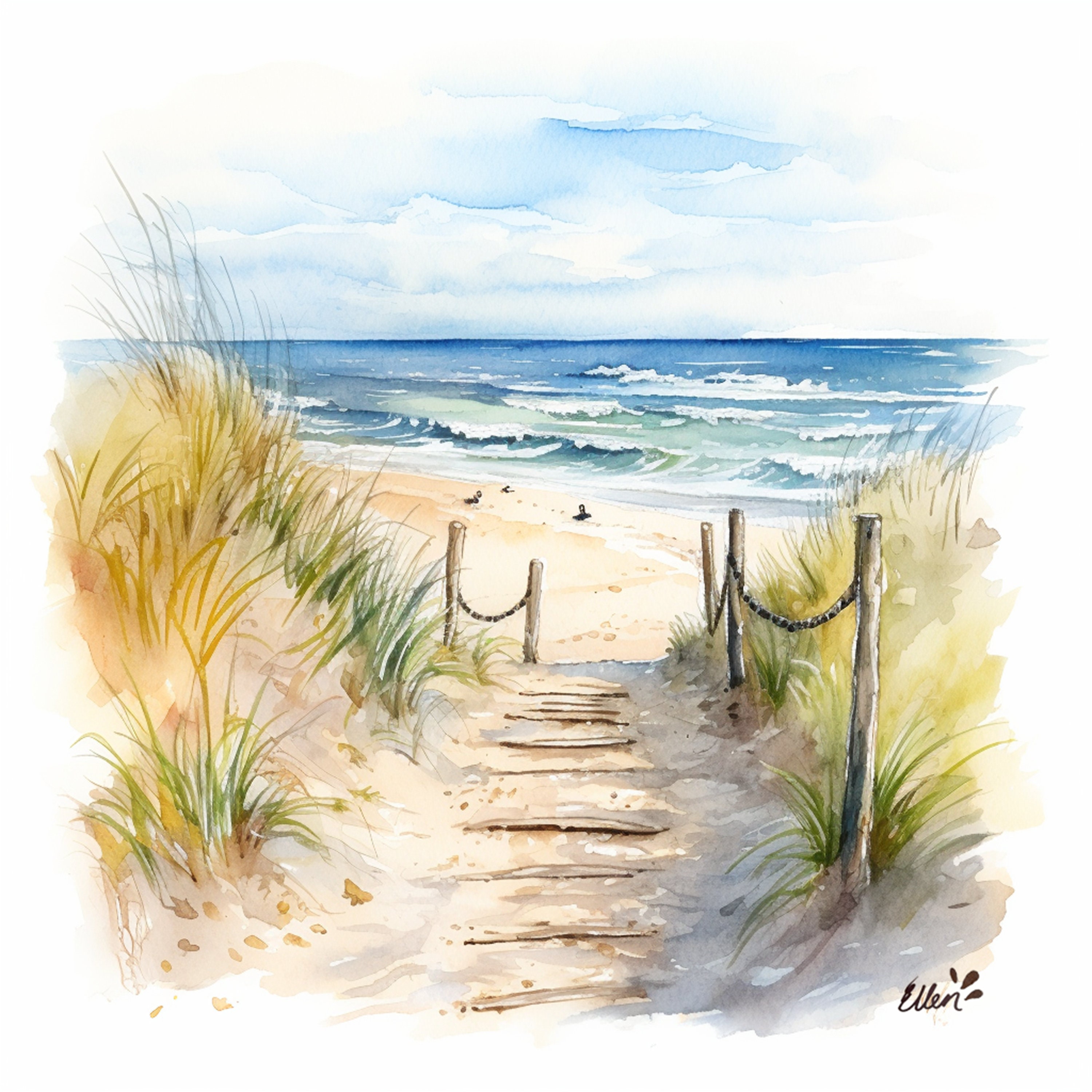 Printable Beach Pathway Watercolor Art, Surf Print, Beach Print, Beach ...