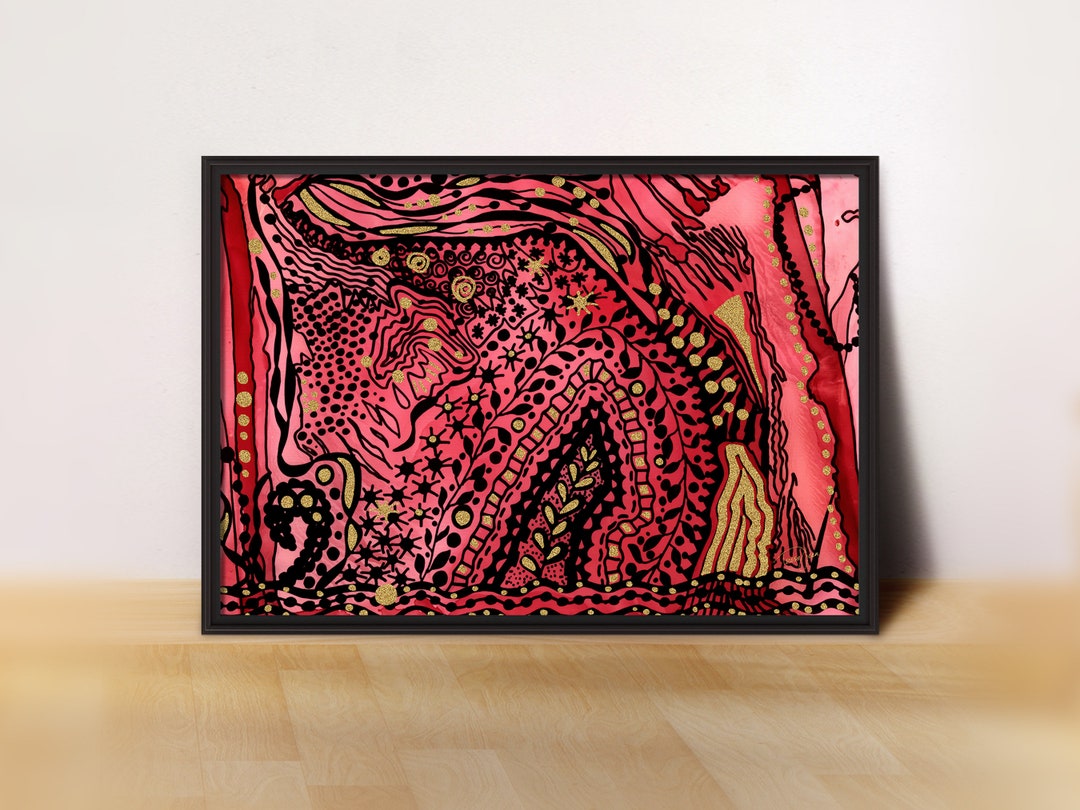 Abstract Art Red Alcohol Ink Background With Black Paint Pen Line ...