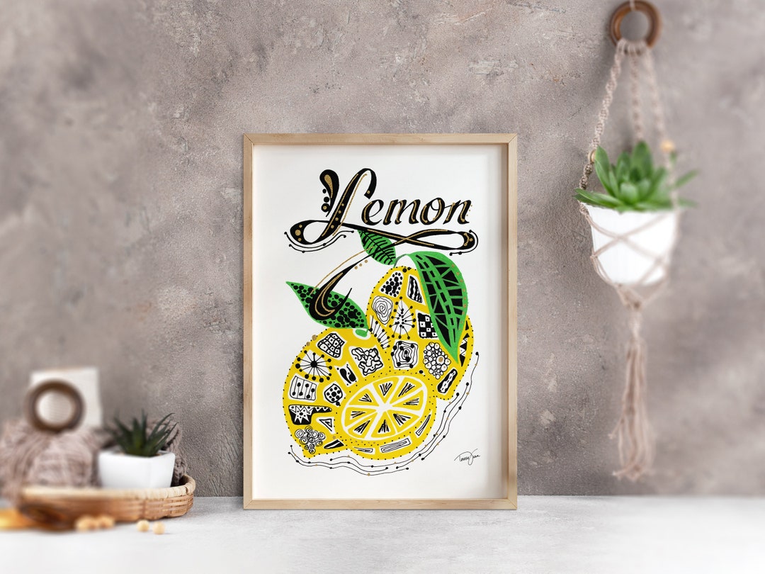Lemon Fruit Art Print With Doodle Details and Calligraphy Lettering ...