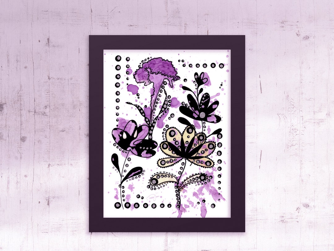 Contemporary Purple Flower Artwork for Home Wall Decor With Lines Dots ...