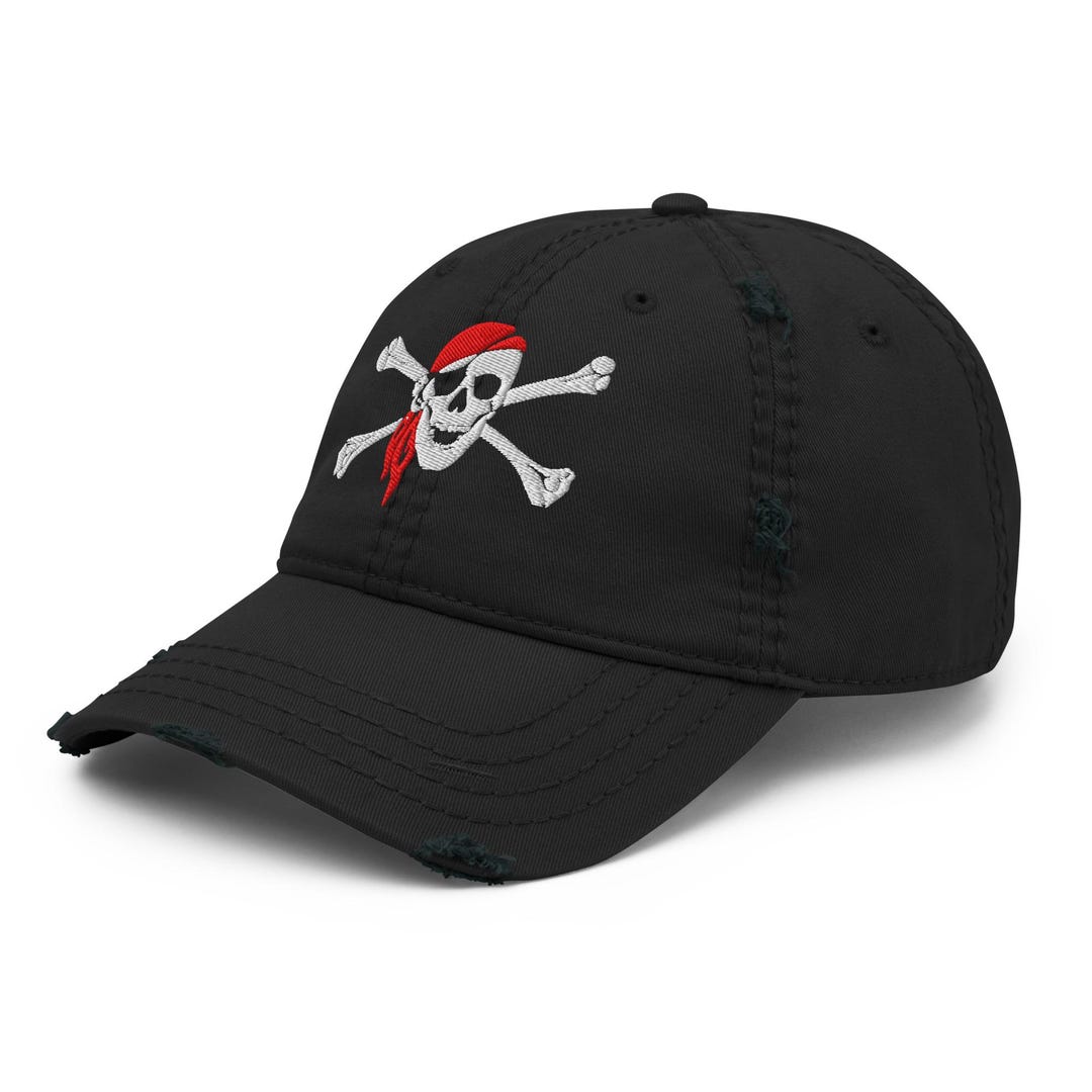 PIRATE Flag Hat, EMBROIDERED Skull and Crossbones Adjustable Distressed ...