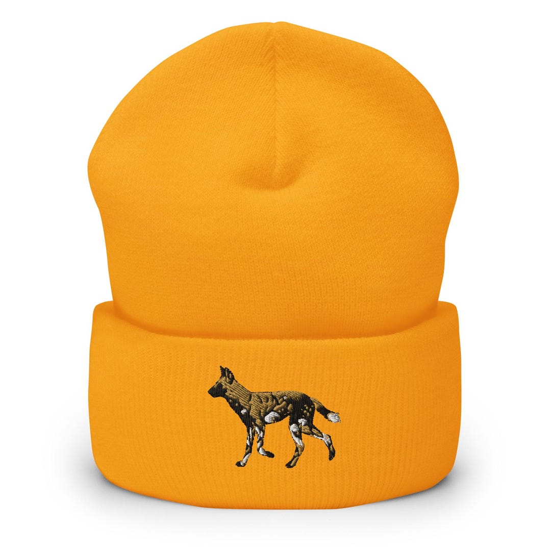 African Wild Dog Beanie, Painted Dog EMBROIDERED Cuffed Winter Beanie ...