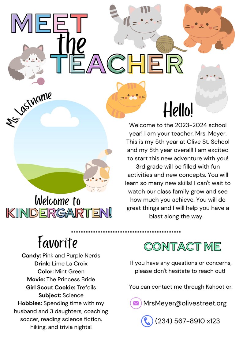 Meet the Teacher Cat Themed Editable Template, Teacher Introduction ...