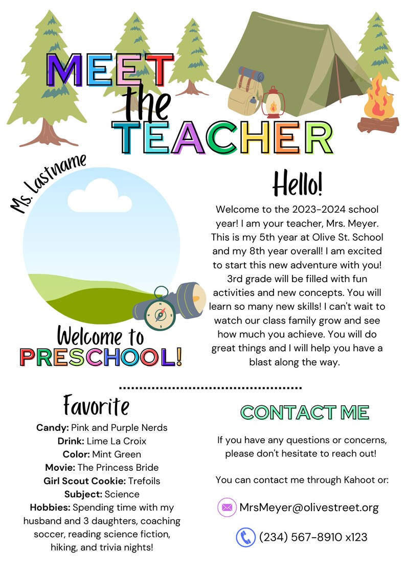 Meet the Teacher Camping Themed Welcome Letter Editable Template for ...
