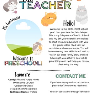 Meet the Teacher Cat Themed Editable Template, Teacher Introduction ...