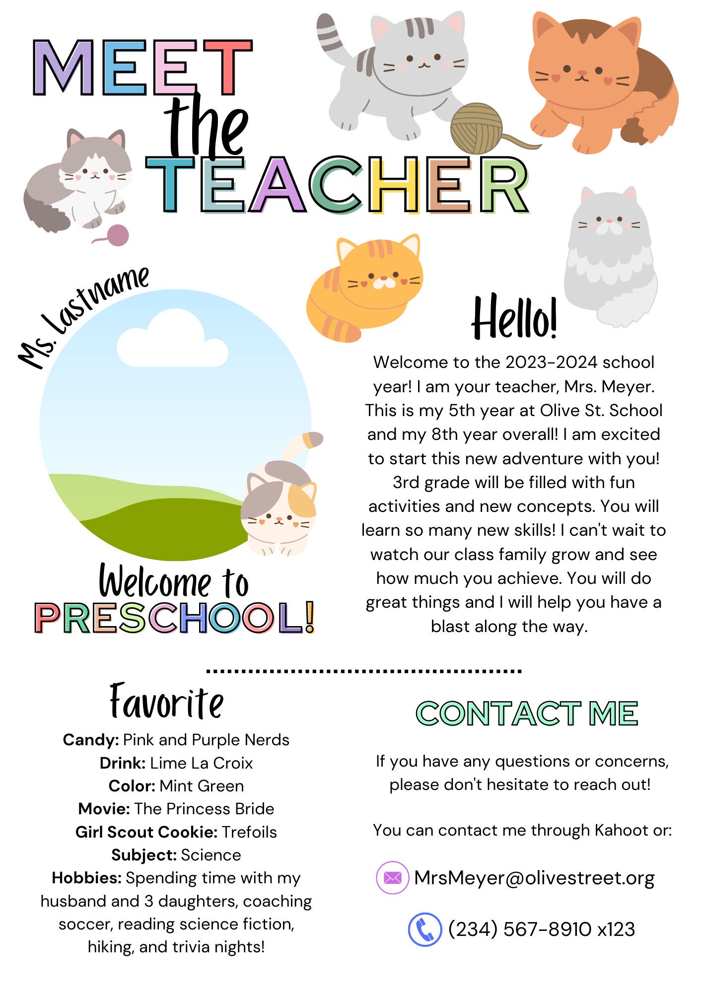 Meet the Teacher Cat Themed Editable Template, Teacher Introduction ...