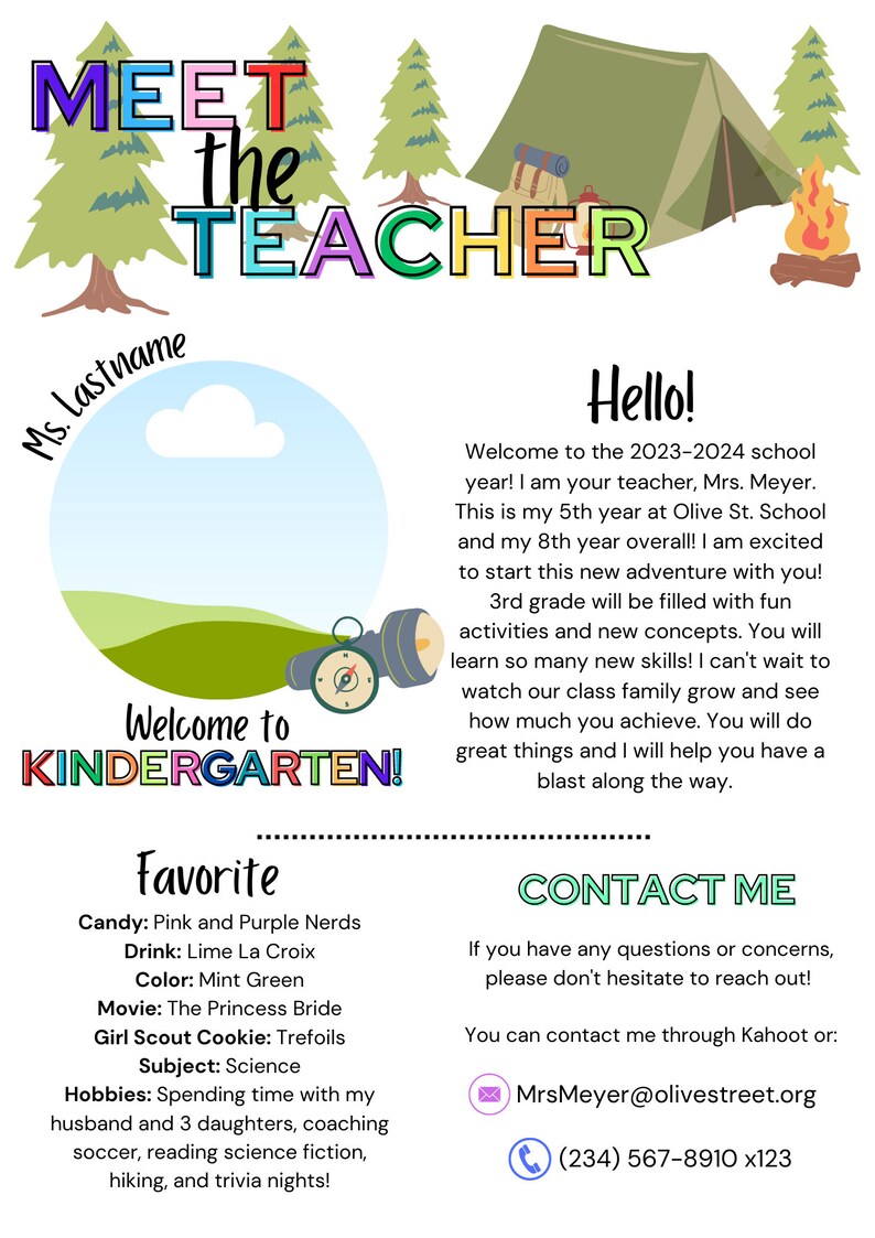 Meet the Teacher Camping Themed Welcome Letter Editable Template for ...