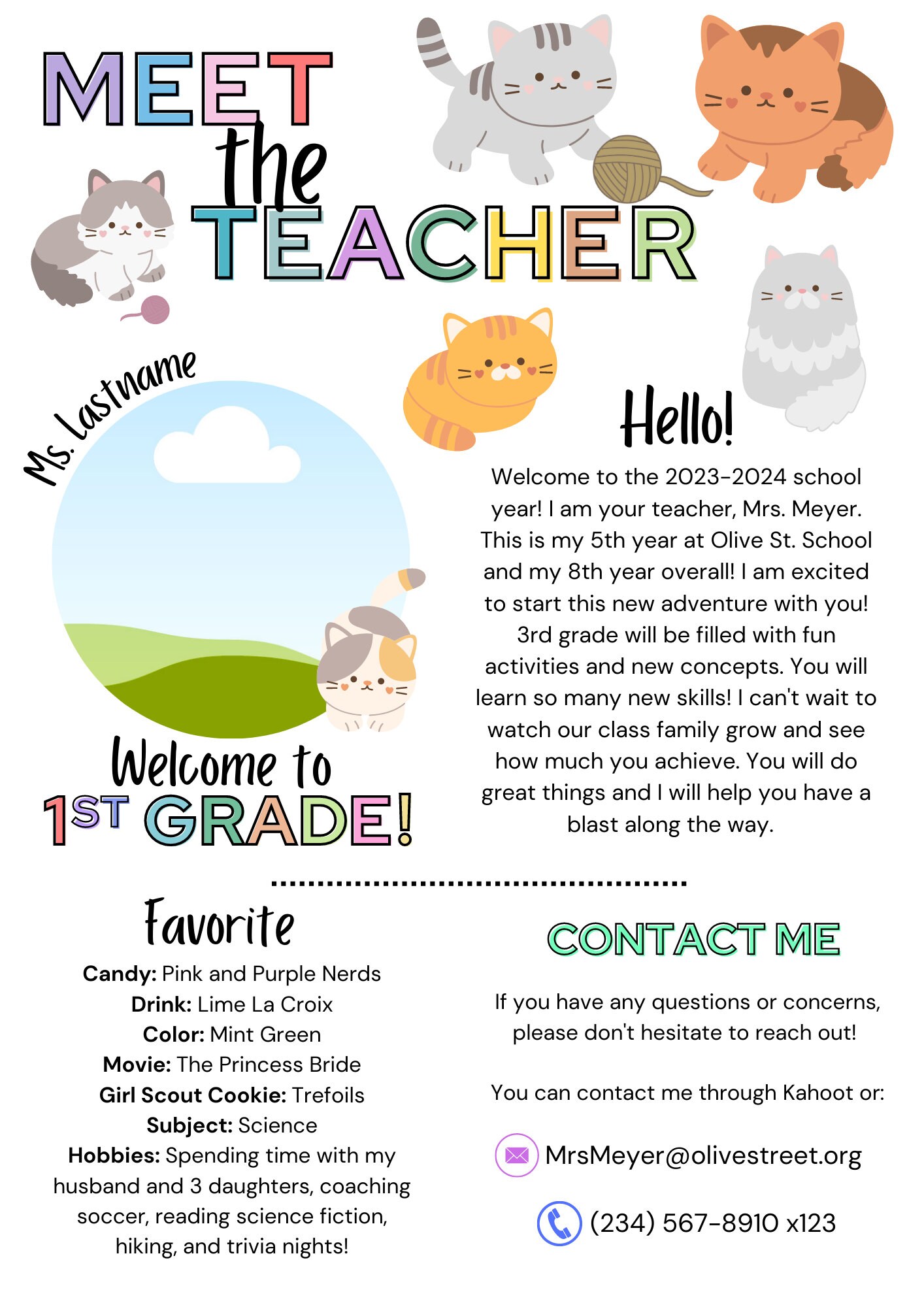 Meet the Teacher Cat Themed Editable Template, Teacher Introduction ...