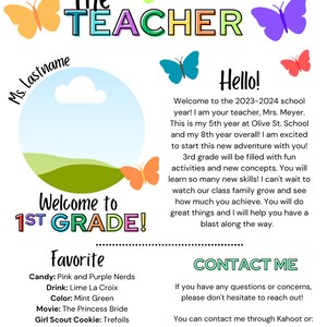 Meet the Teacher Butterfly Themed Welcome Letter Template for Grades PK ...