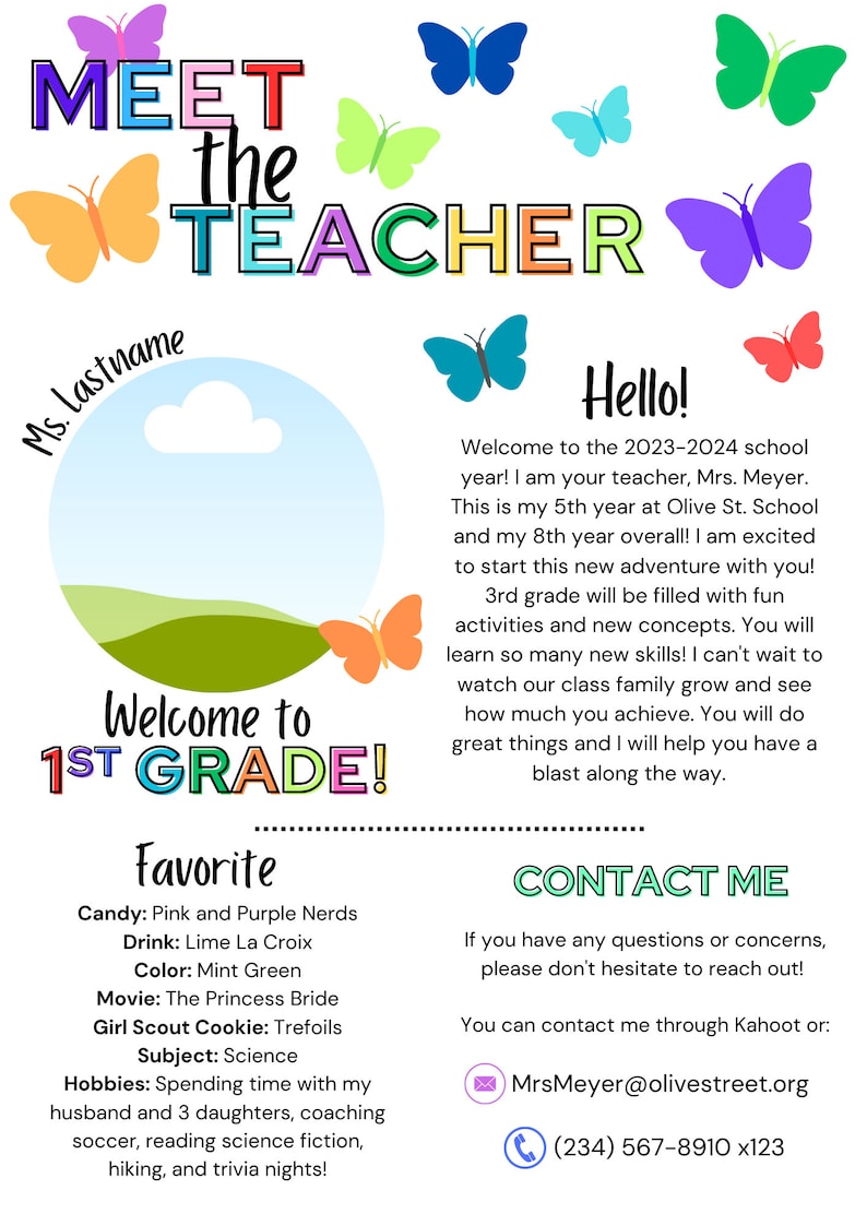 Meet the Teacher Butterfly Themed Welcome Letter Template for Grades PK ...