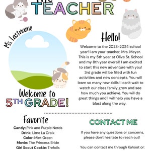 Meet the Teacher Cat Themed Editable Template, Teacher Introduction ...