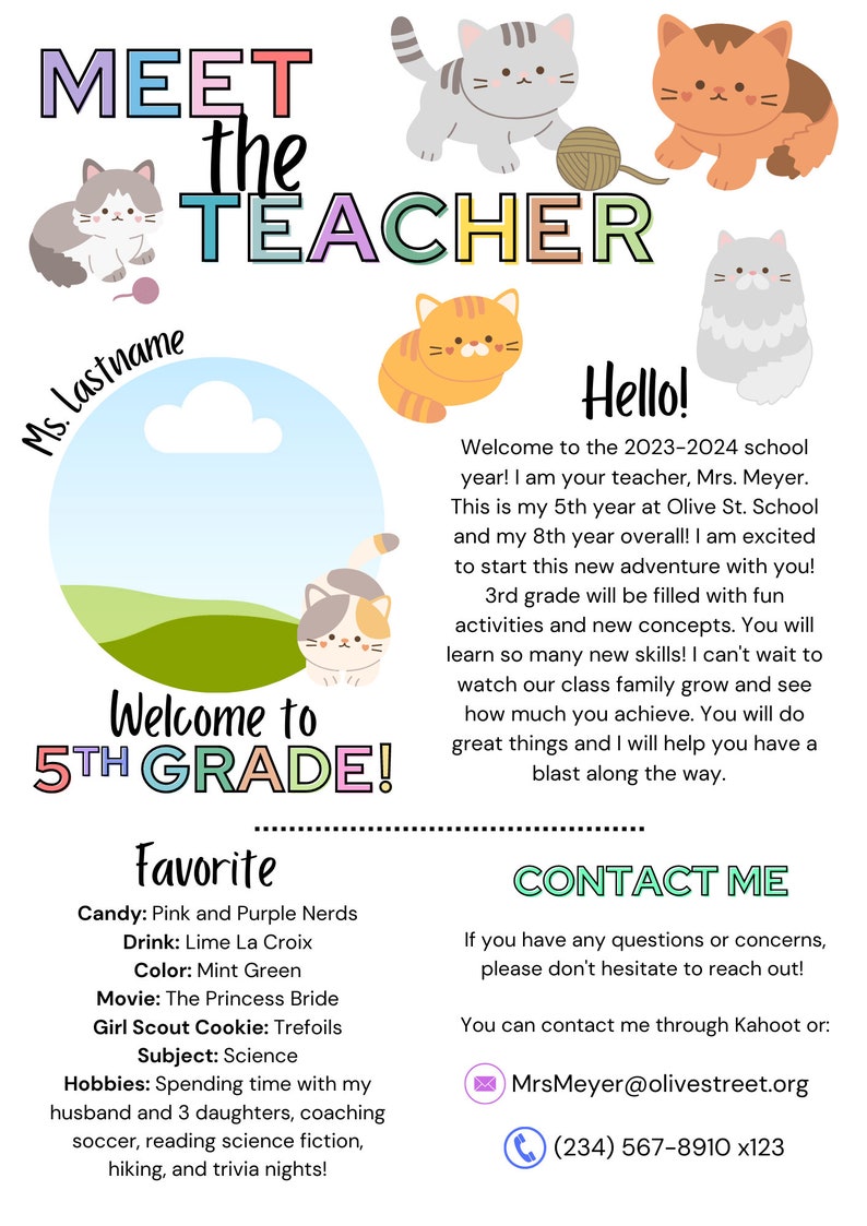 Meet the Teacher Cat Themed Editable Template, Teacher Introduction ...