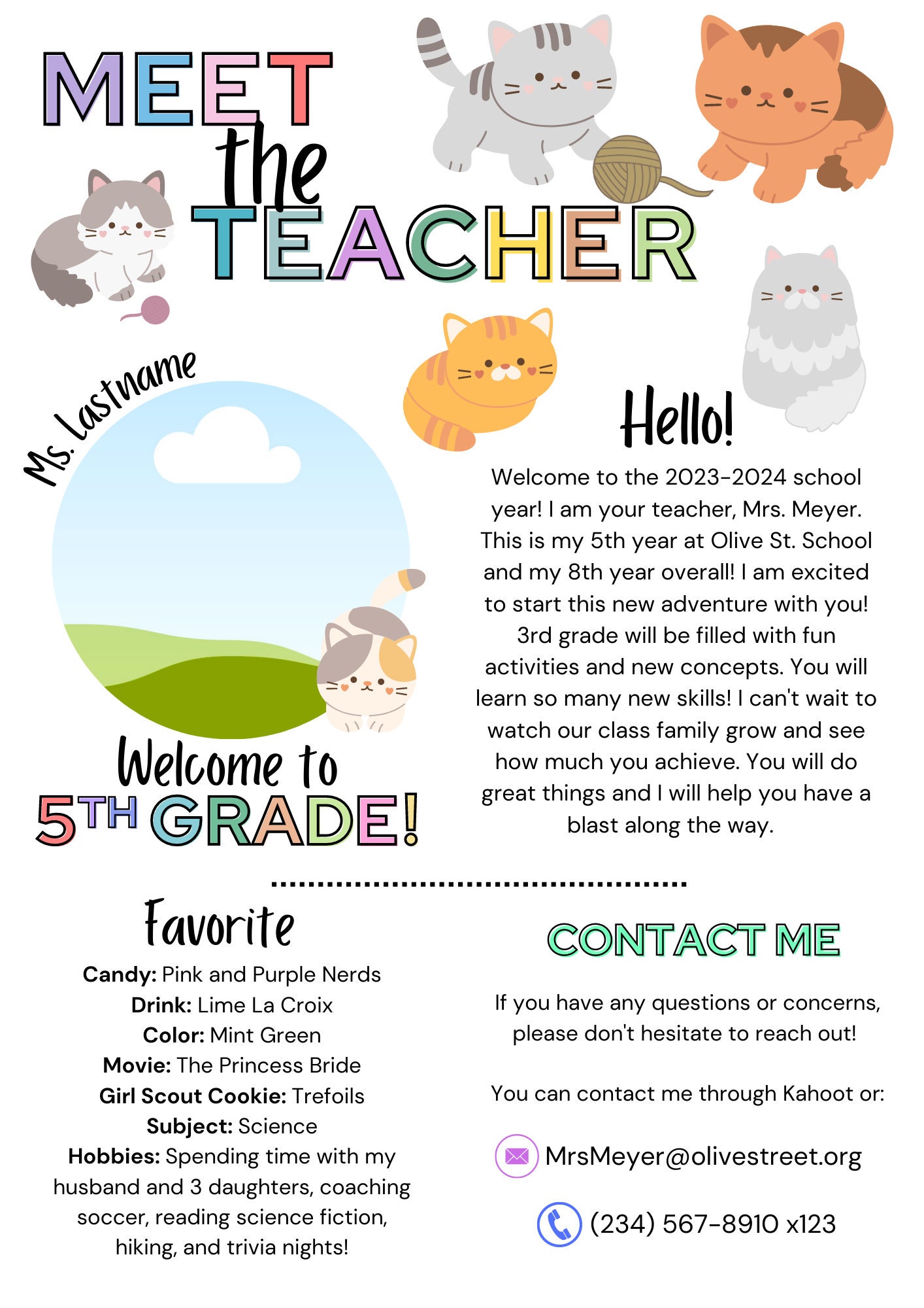 Meet the Teacher Cat Themed Editable Template, Teacher Introduction ...