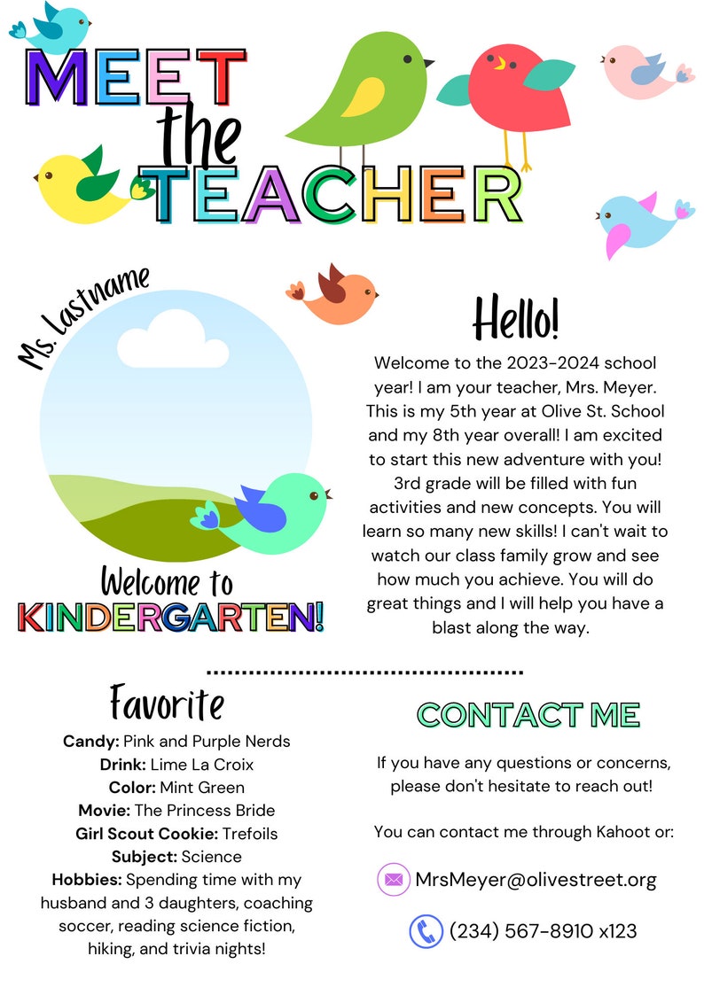 Meet the Teacher Bird Themed Welcome Letter Editable Template for ...
