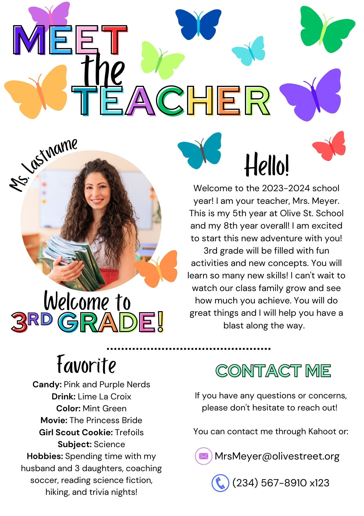 Meet the Teacher Butterfly Themed Welcome Letter Template for Grades PK ...