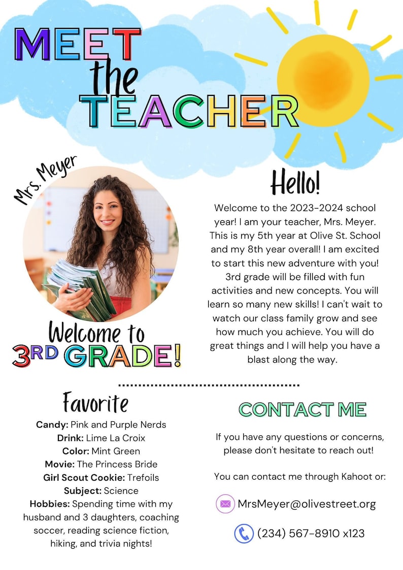 Meet the Teacher Sunshine Themed Welcome Letter Template for Grades PK ...