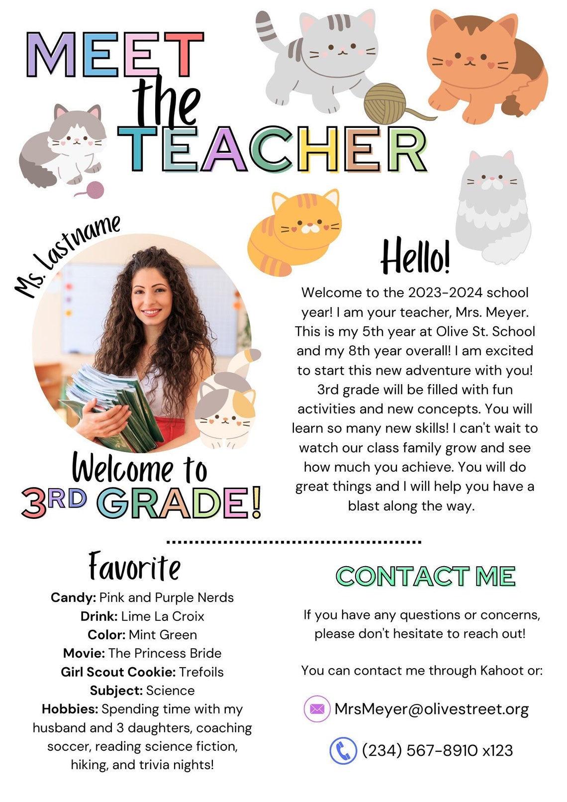 Meet the Teacher Cat Themed Editable Template, Teacher Introduction ...