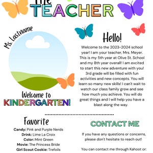 Meet the Teacher Butterfly Themed Welcome Letter Template for Grades PK ...