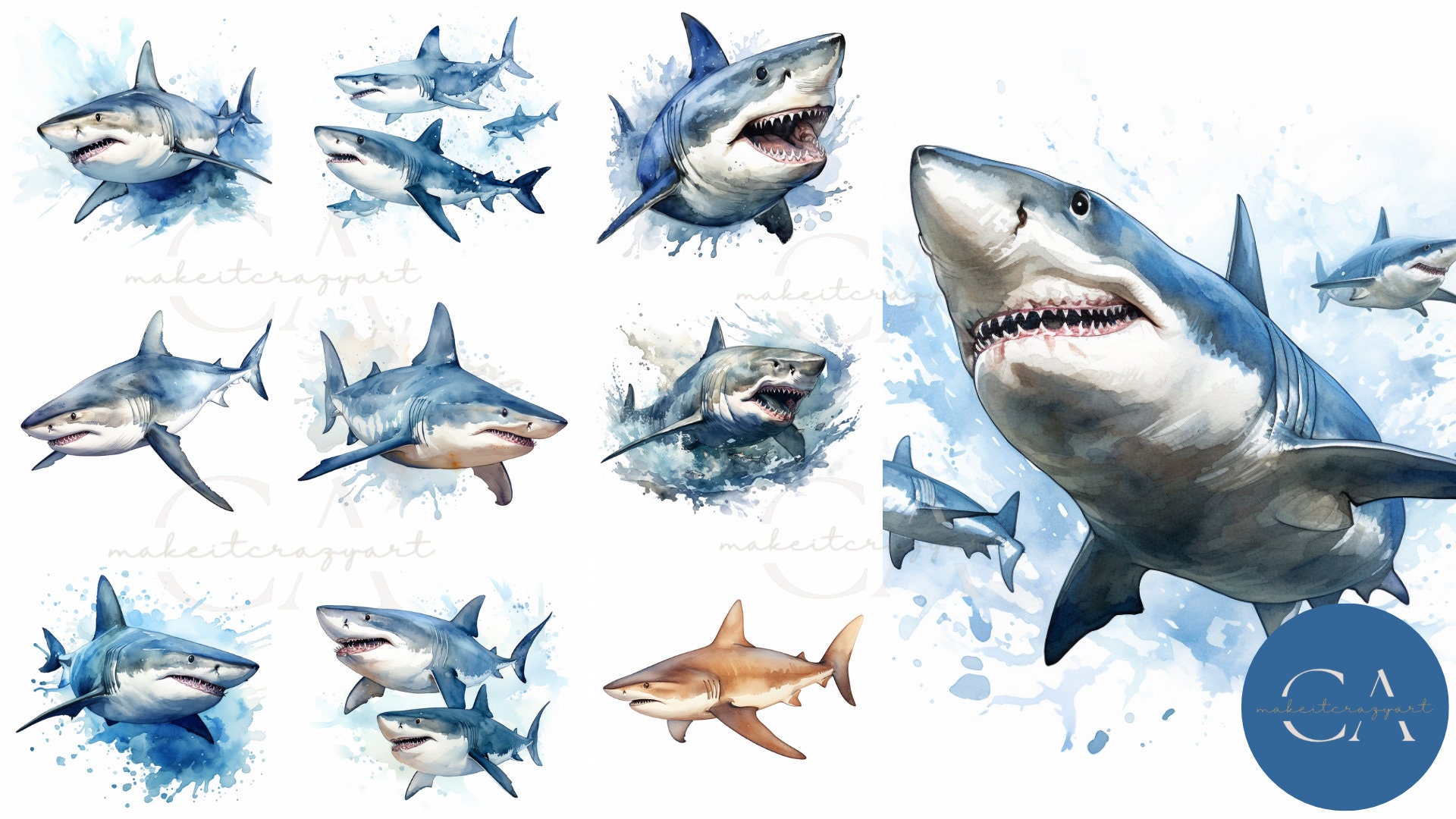 20 Watercolor Sharks Clipart Bundle, 20 High Quality PNG, Digital ...