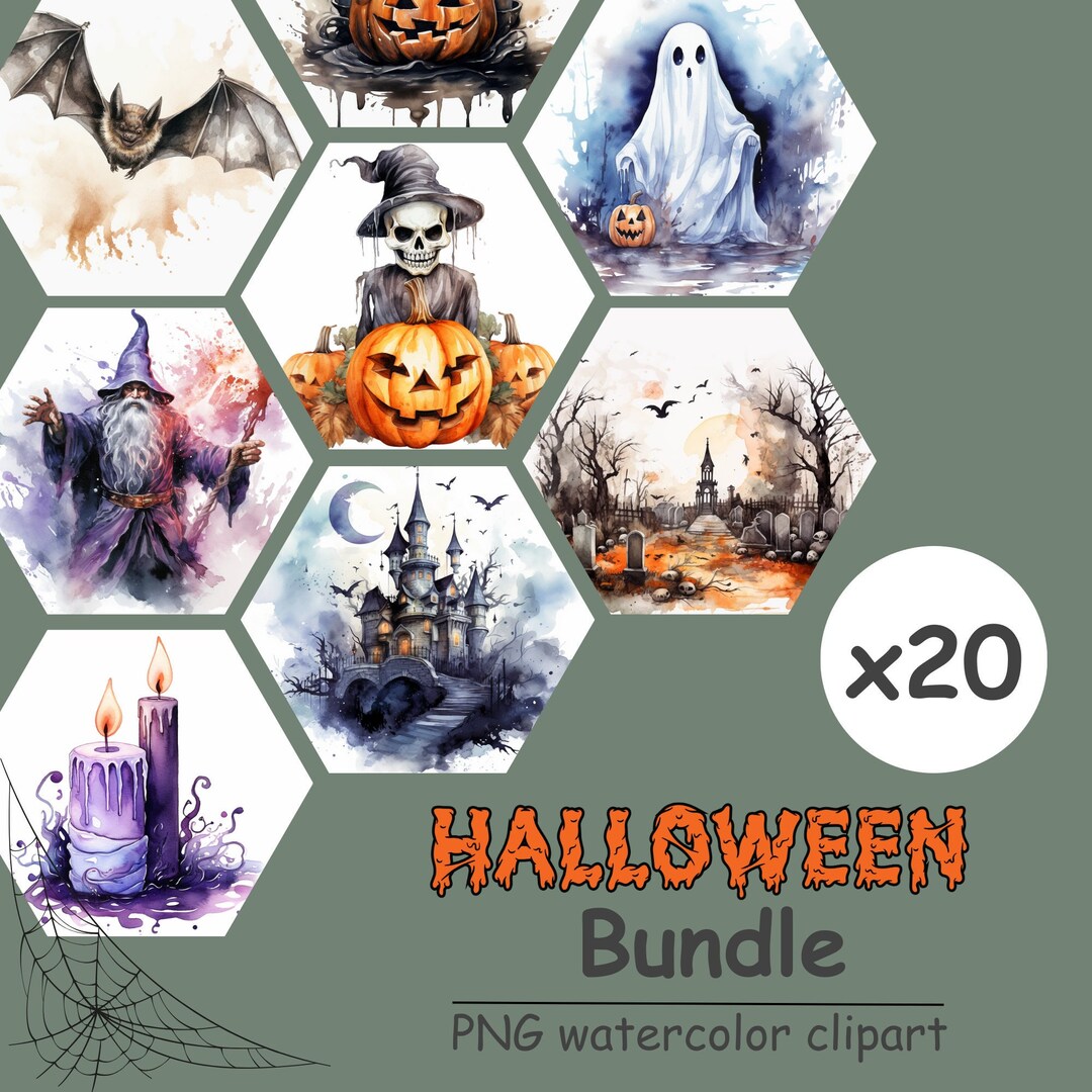 20 Watercolor Halloween Clipart Bundle, 20 High Quality PNG, Digital ...