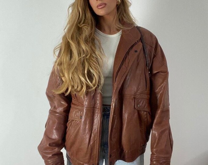 Vintage Brown Leather Bomber Boxy Box Fit Unisex Jacket Coat Size L - Etsy