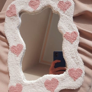 Punch Mirror Pink Heart Accents | Pink Punch Needle Mirror | Tufted ...