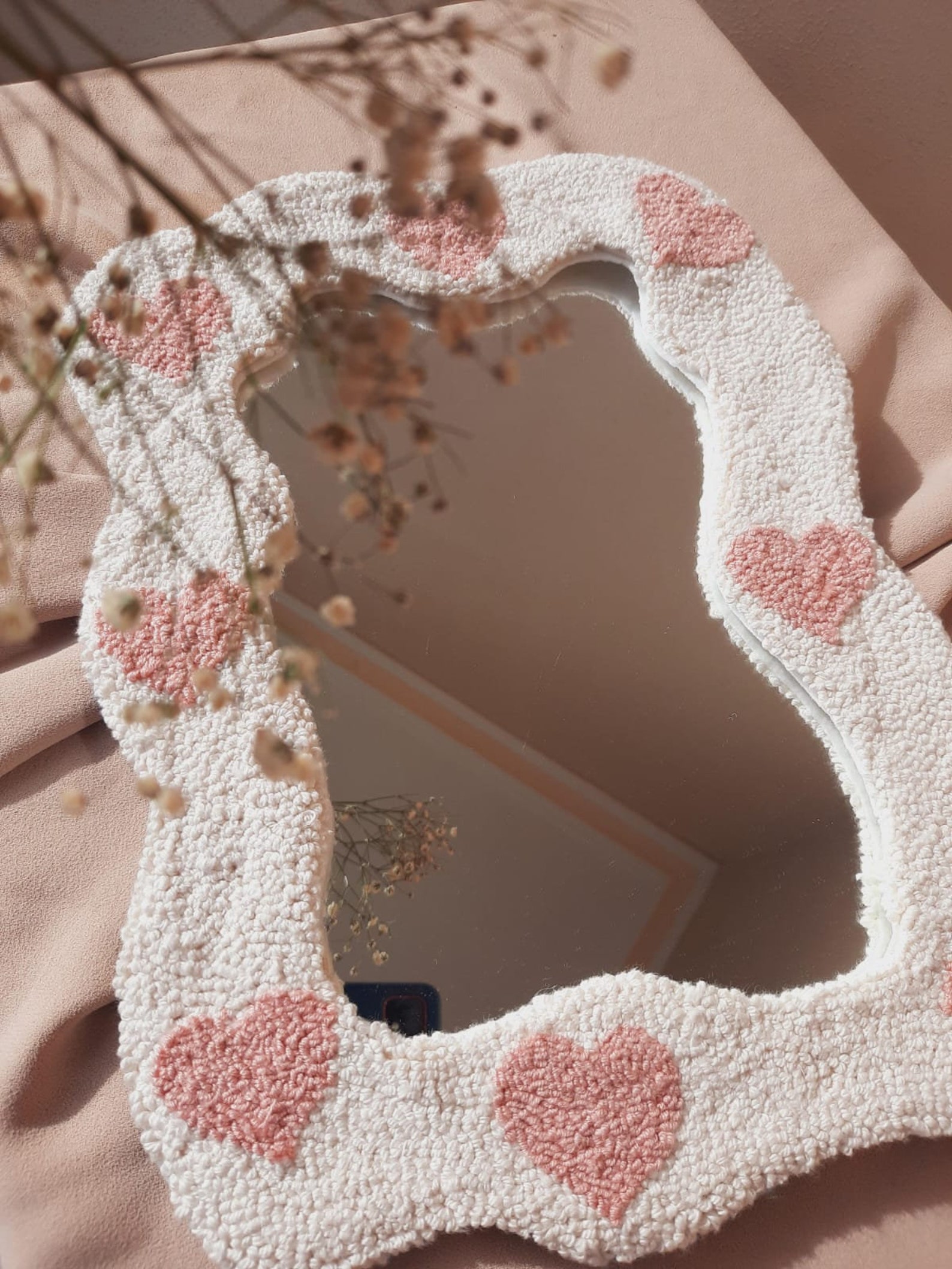 Punch Mirror Pink Heart Accents | Pink Punch Needle Mirror | Tufted ...